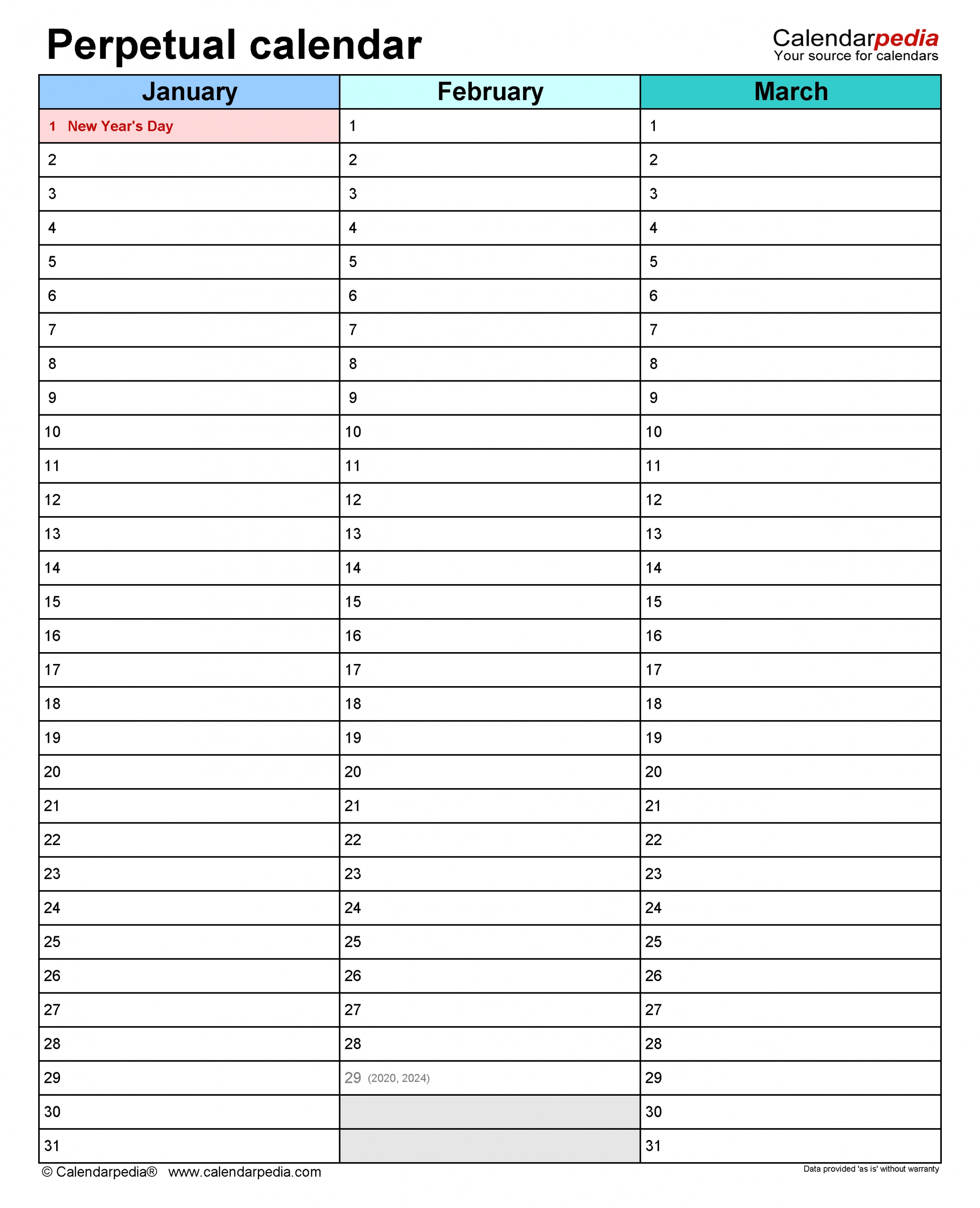 Free Printable Blank Perpetual Calendars Best Calendar Example
